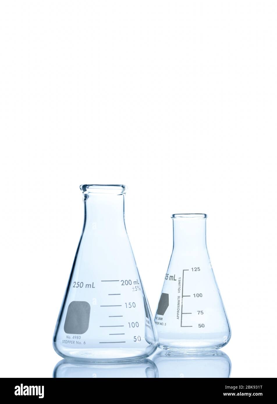 Two Empty Erlenmeyer flask on reflective isolated on white background ...