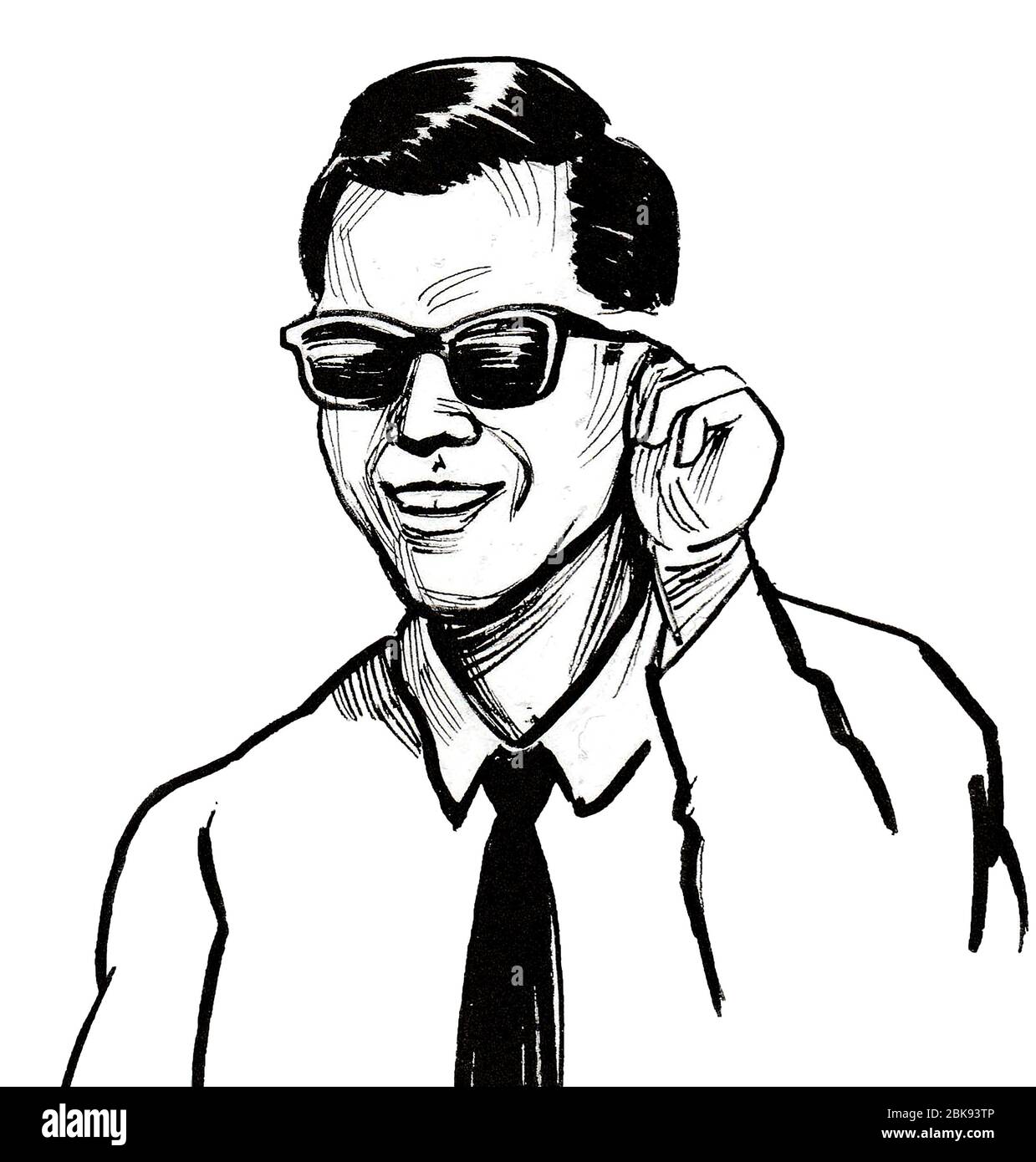 Happy smiling man in coll sunglasses. Ink black and white drawing Stock ...