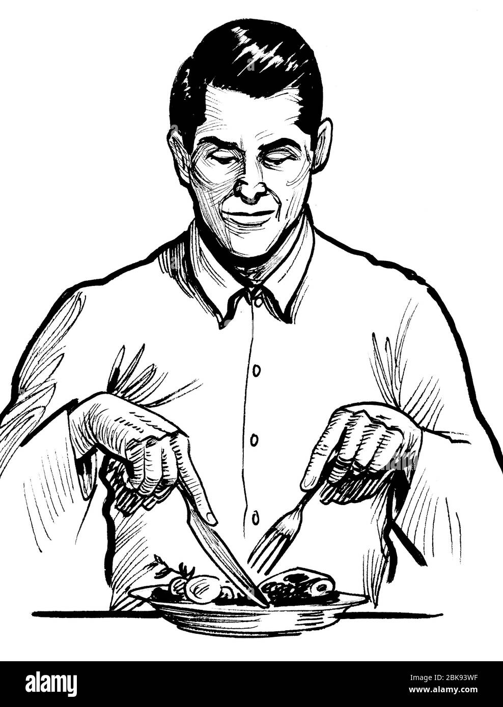 Gentleman eating lunch with knife and fork. Ink black and white drawing ...