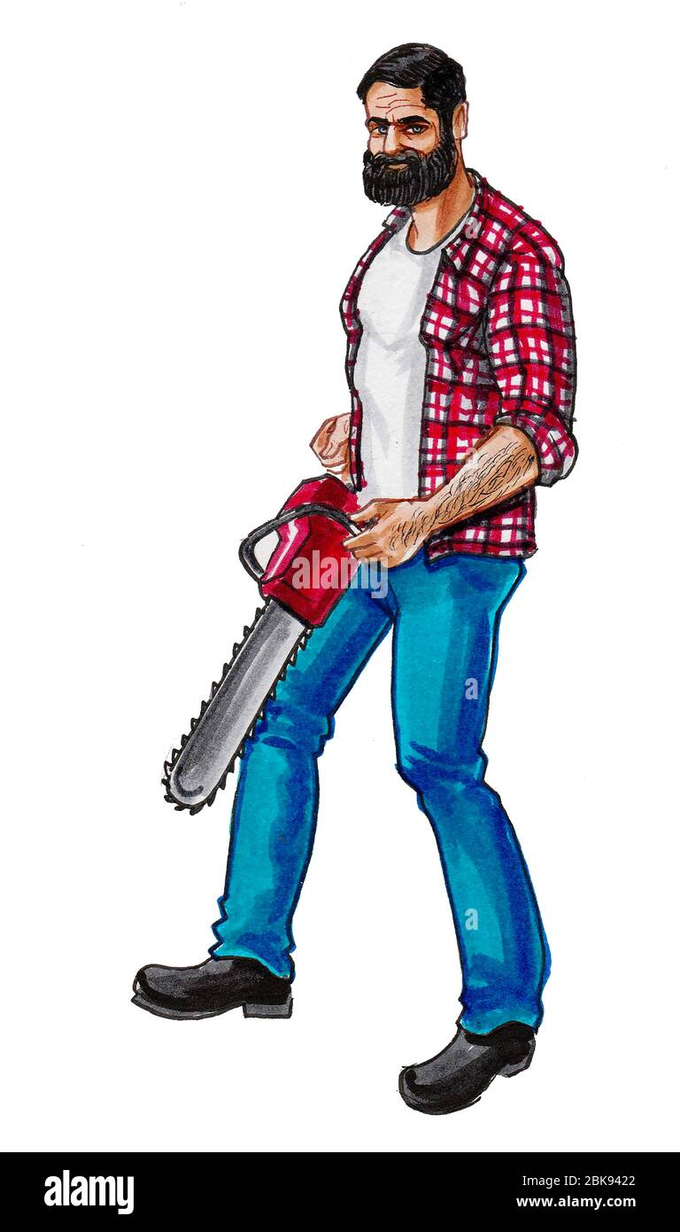 Canadian lumberjack with a chainsaw. Ink and watercolor sketch Stock ...