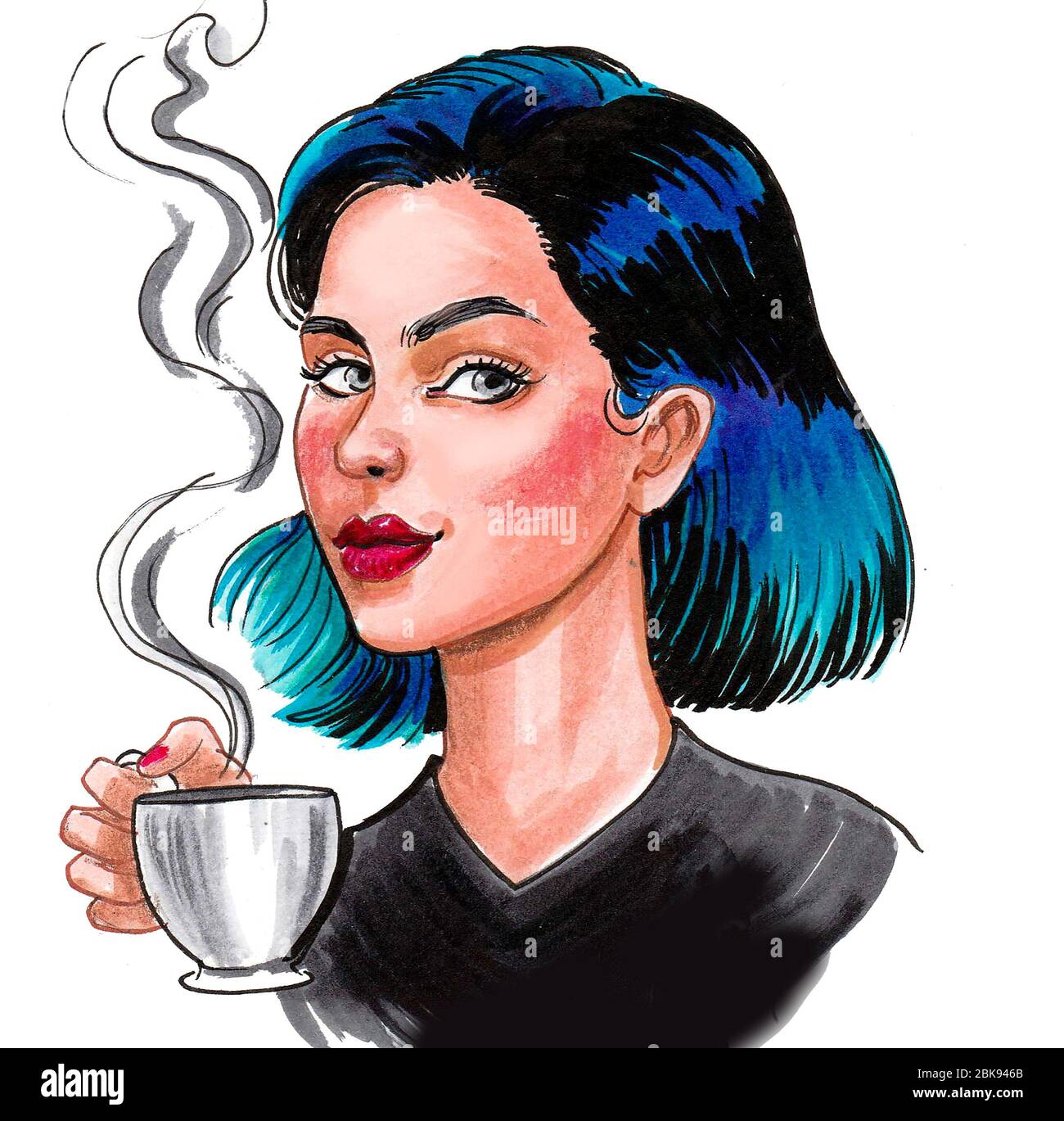 Pretty girl with blue hair drinking cup of tea. Ink and watercolor ...