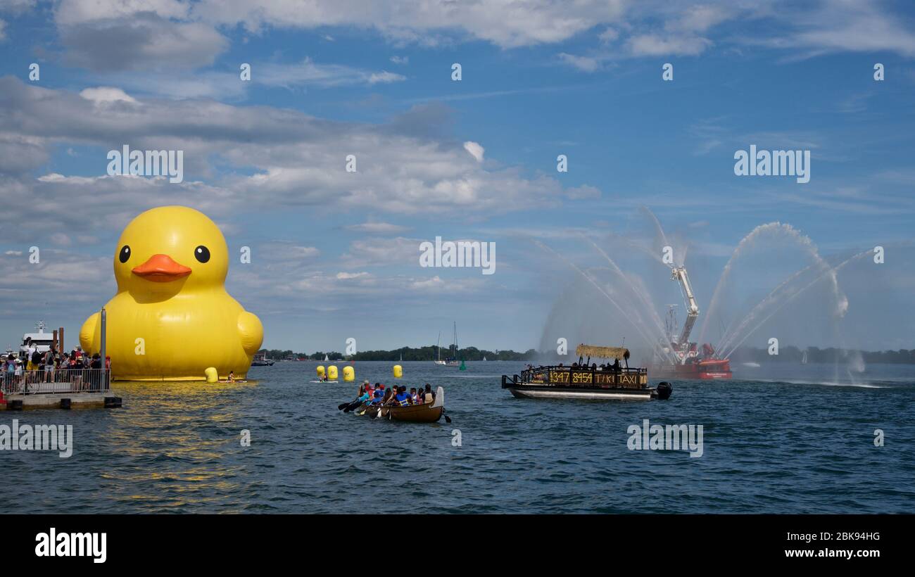 “Rubber Duck” floating placidly in the harbor of Toronto city ...