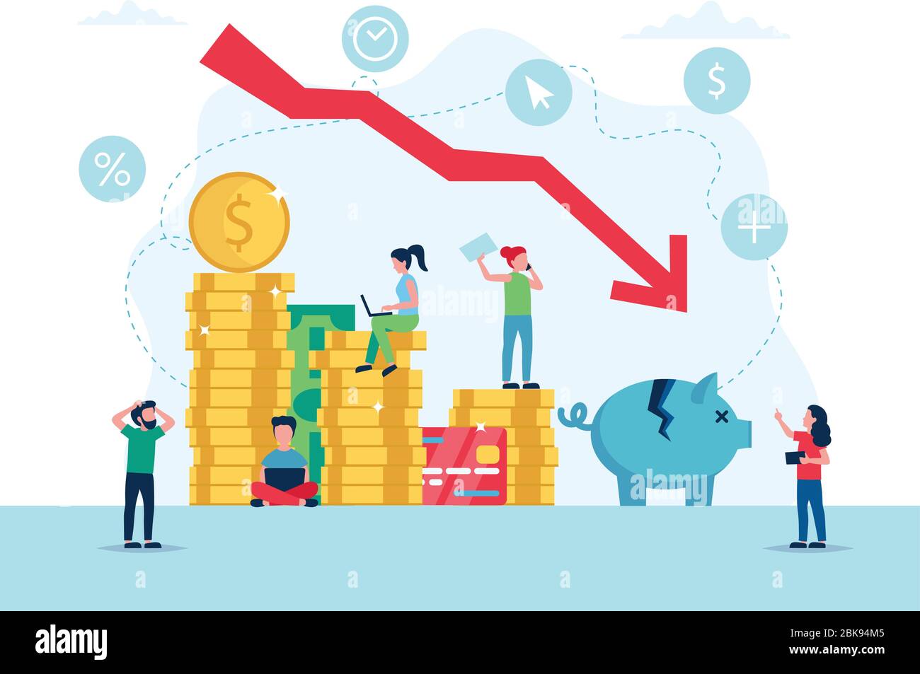 Economic crisis concept, stock market graph falling, money loss. Small ...