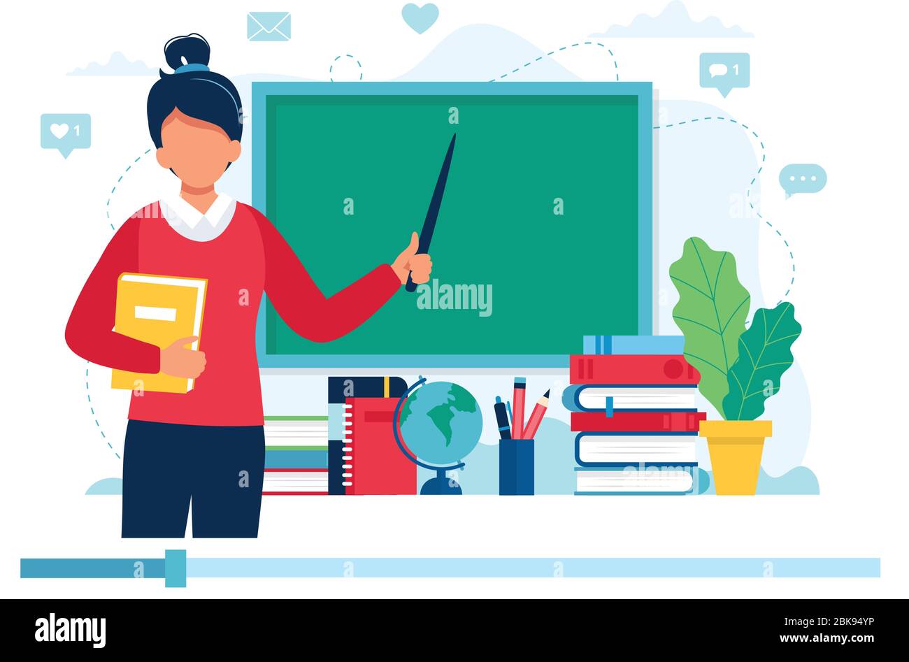 Online learning concept. Female teacher with books and chalkboard ...