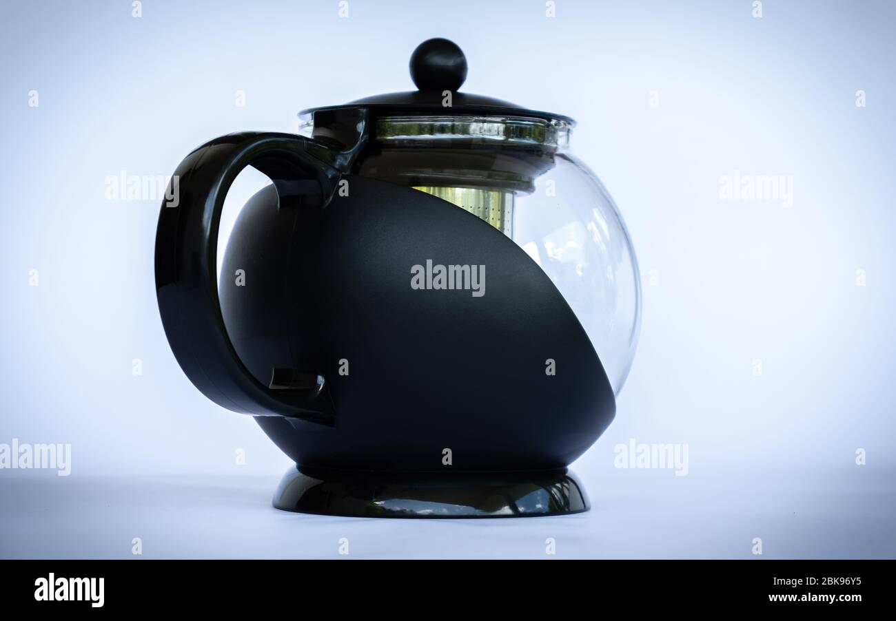 Black glass coffee pot in neutral background angled side view Stock ...