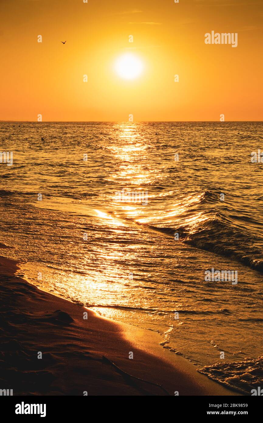 Sunset - sun reflecting in sea/ ocean, shore Stock Photo - Alamy