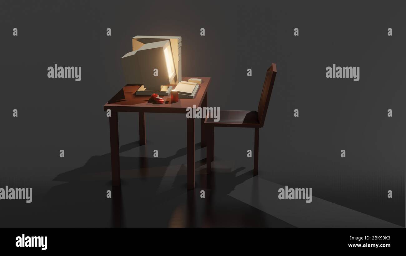 Side view of simple mock up composition with old computer on office ...