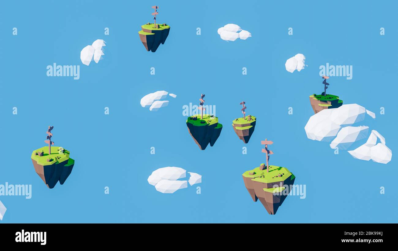 Few floating island with direction indicator made with 3d rendering ...