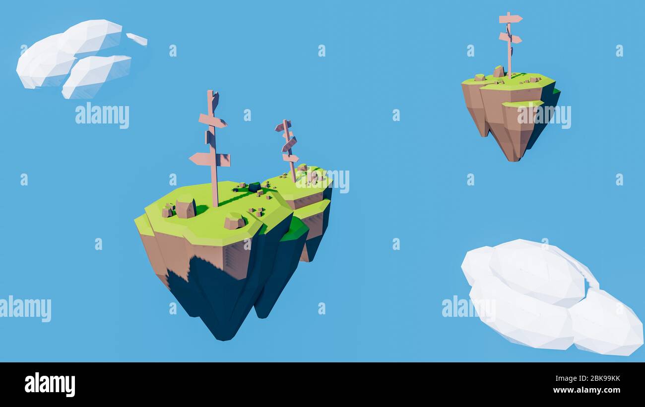 3D rendering of direction signs indicator on floating island Stock ...
