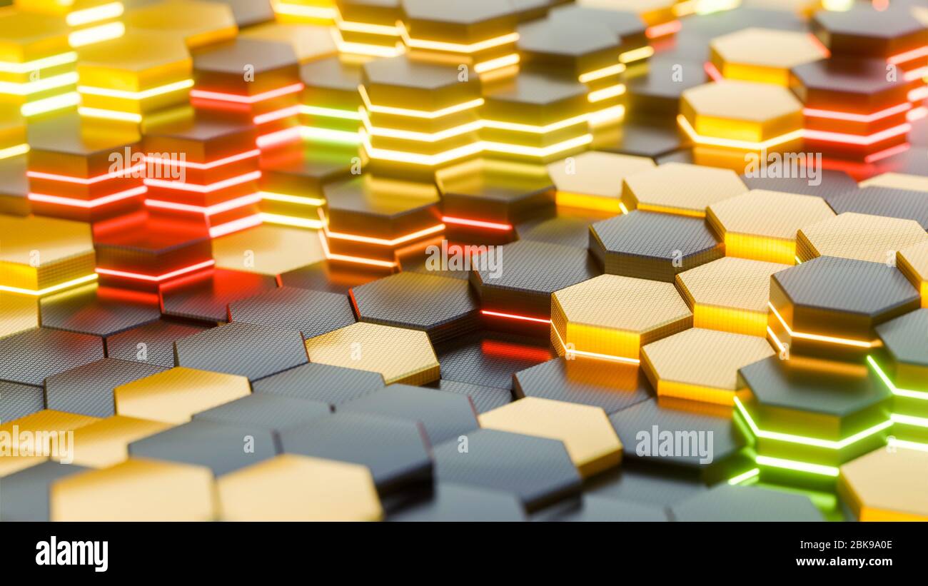 Abstract of futuristic surface with colouful hexagons. High digital ...