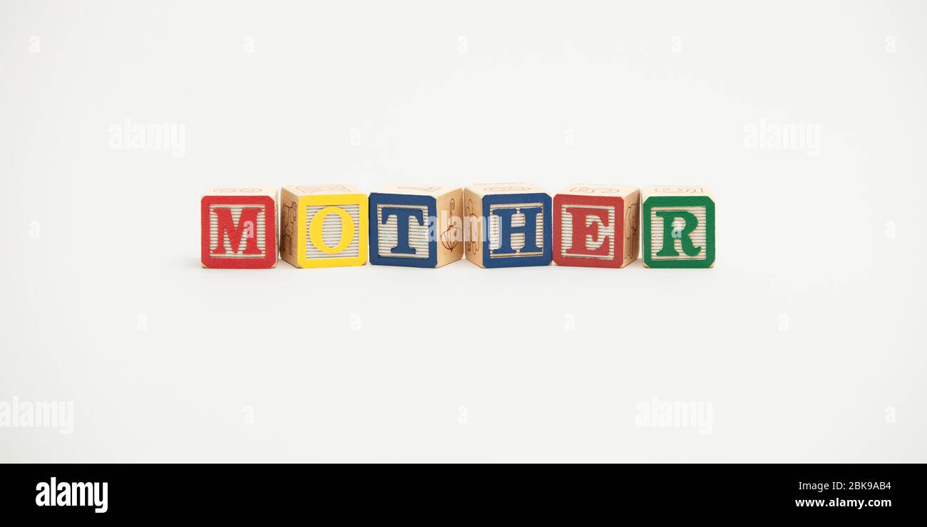The word mother spelled in colorful toy blocks of assorted colors Stock ...