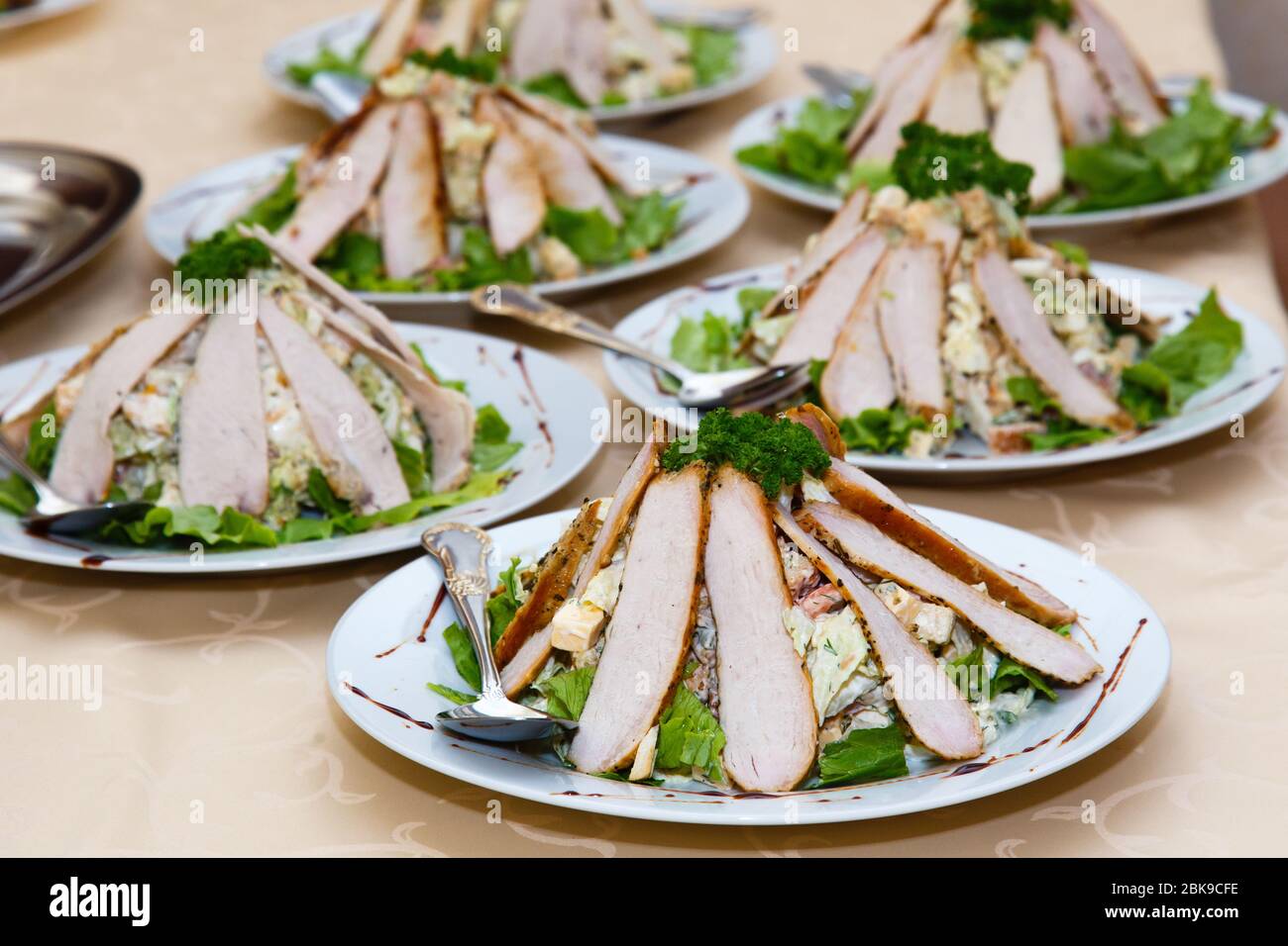 meat dishes on a table in a banquet Stock Photo - Alamy
