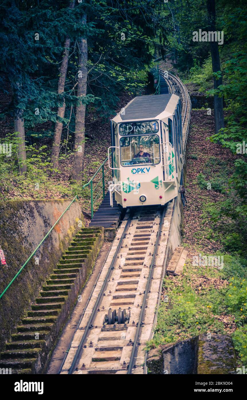 Karlovy Vary, Czech Republic, May 10, 2019: Funicular rails on slope of ...