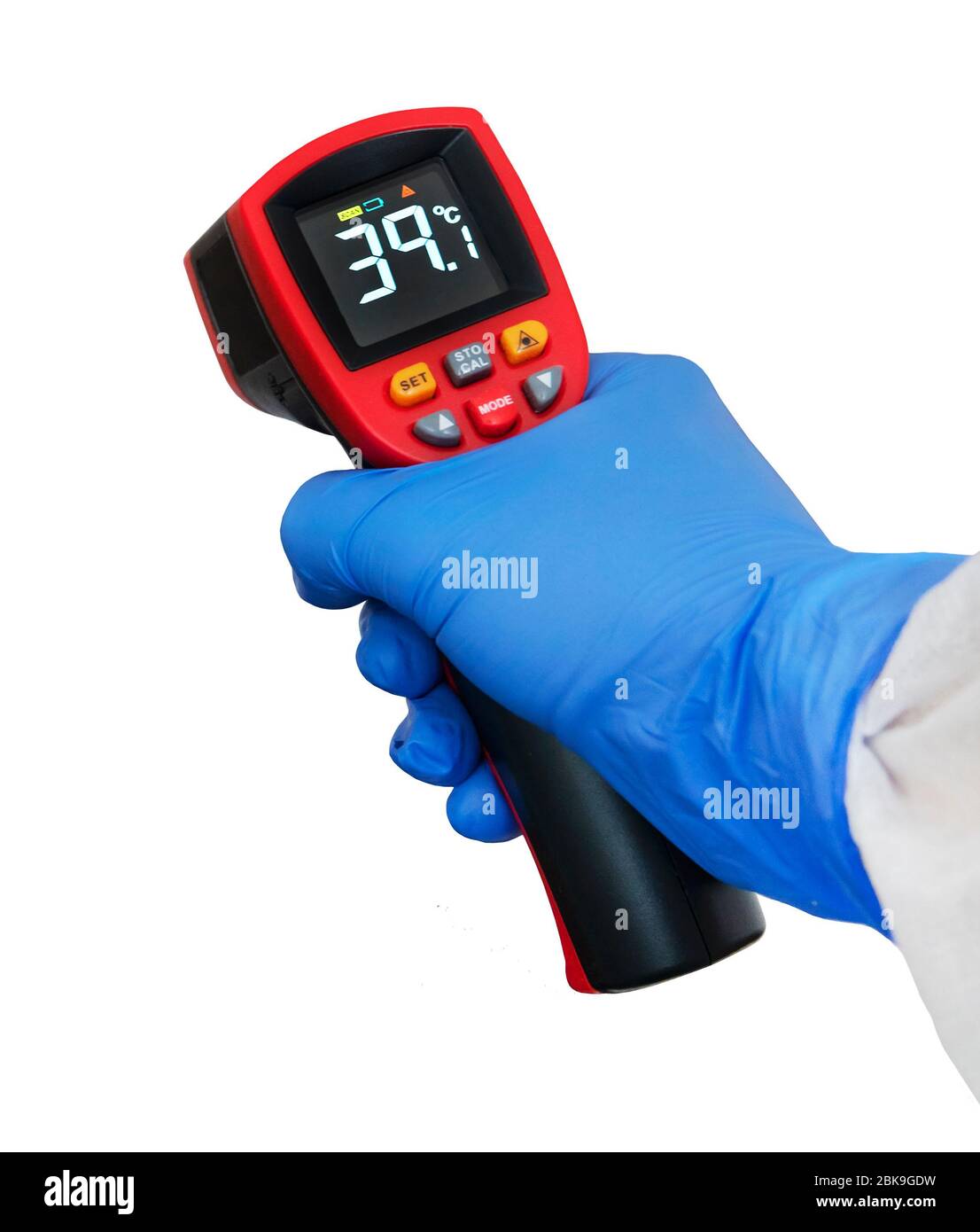 Closeup hand in a blue glove holds an digital infrared thermometer ...