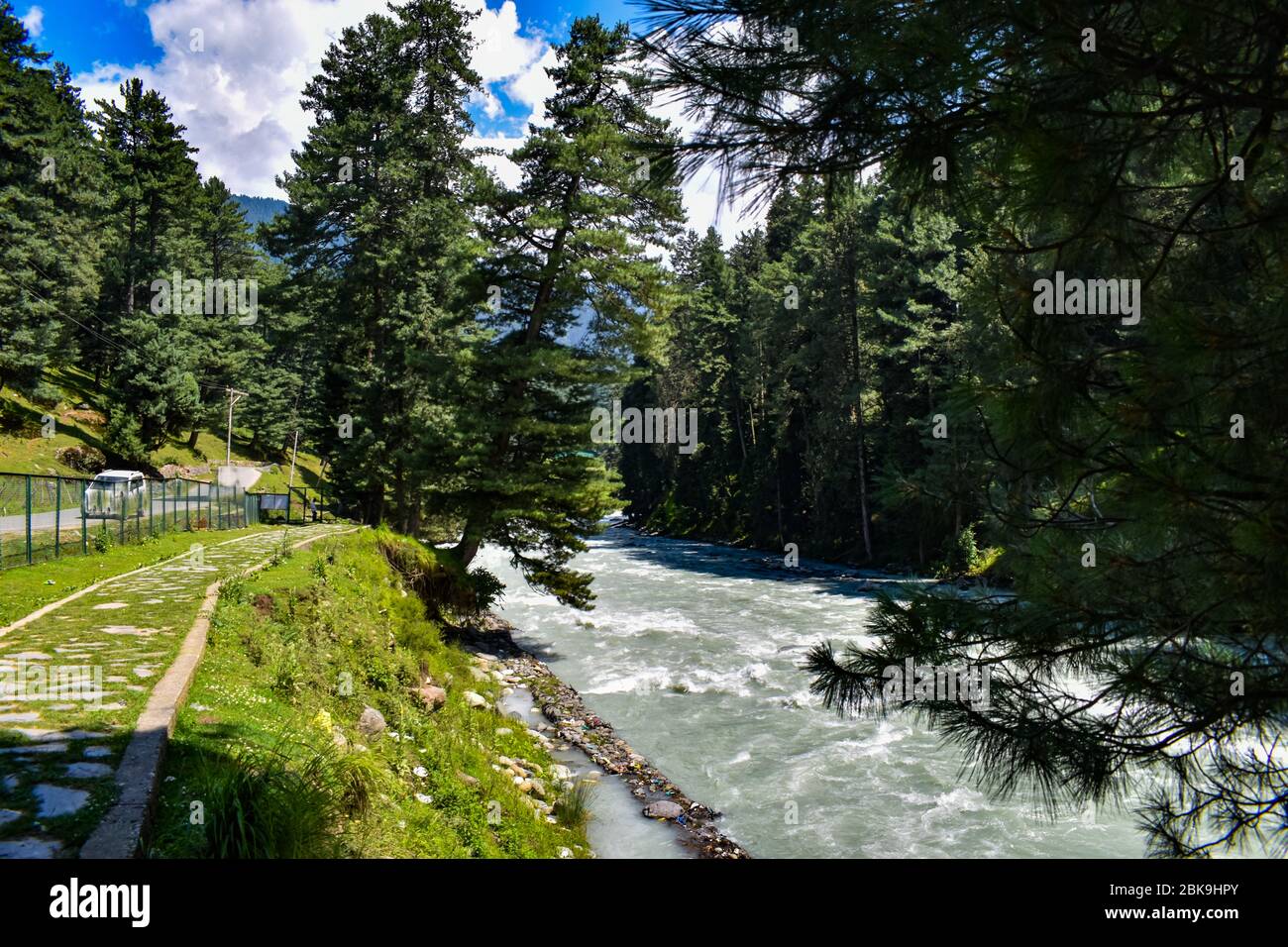 Beautiful view of Lidder river flowing through beautiful hills of ...