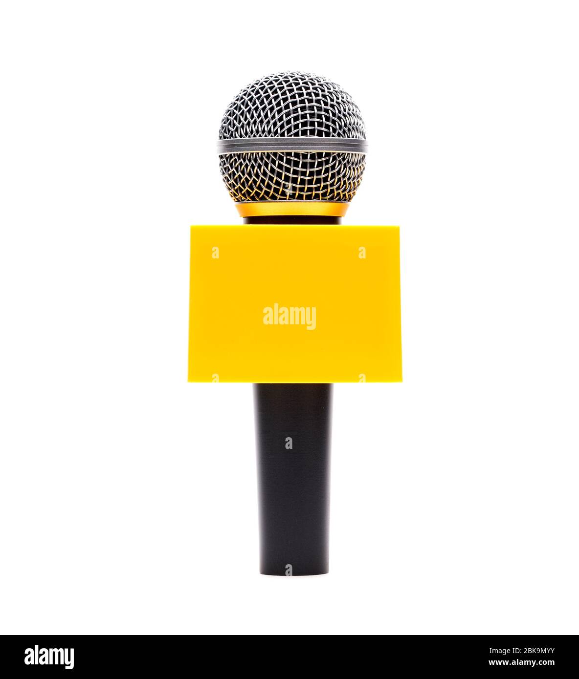 Microphone with yellow cube isolated on white. Interview and breaking ...