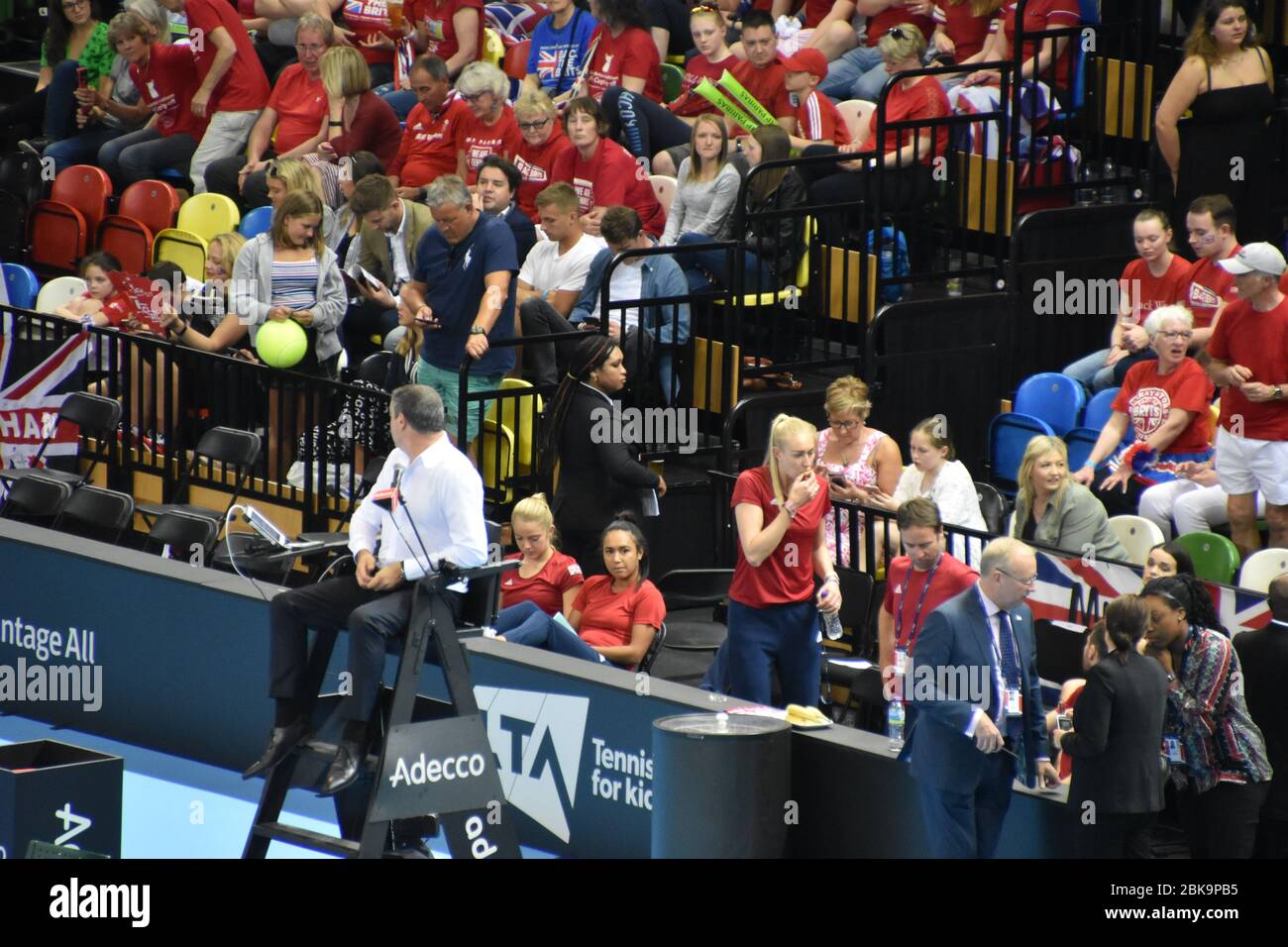 A male tennis umpire sat in the chair at the women’s tennis Fed Cup ...