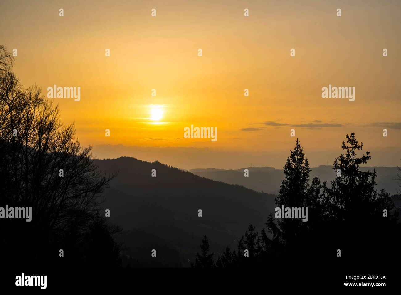 Germany, Romantic orange black forest nature landscape sunset sky view ...
