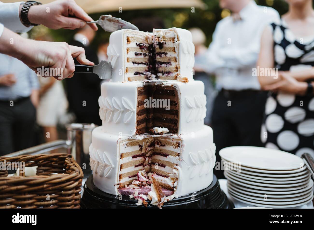 photo of a three layered white cake Stock Photo - Alamy