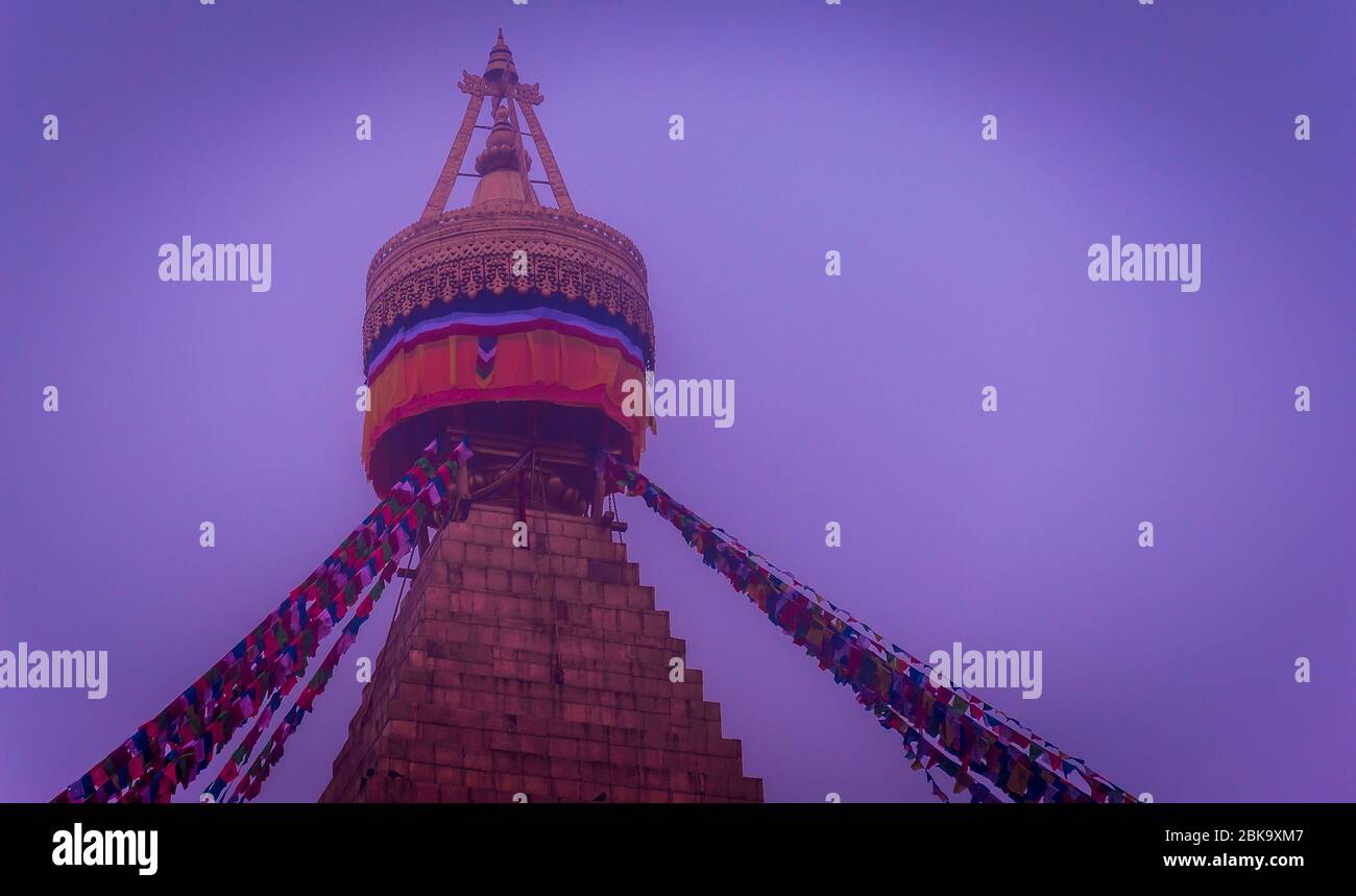 Buddha monastery, colorful flags and monsters Stock Photo - Alamy