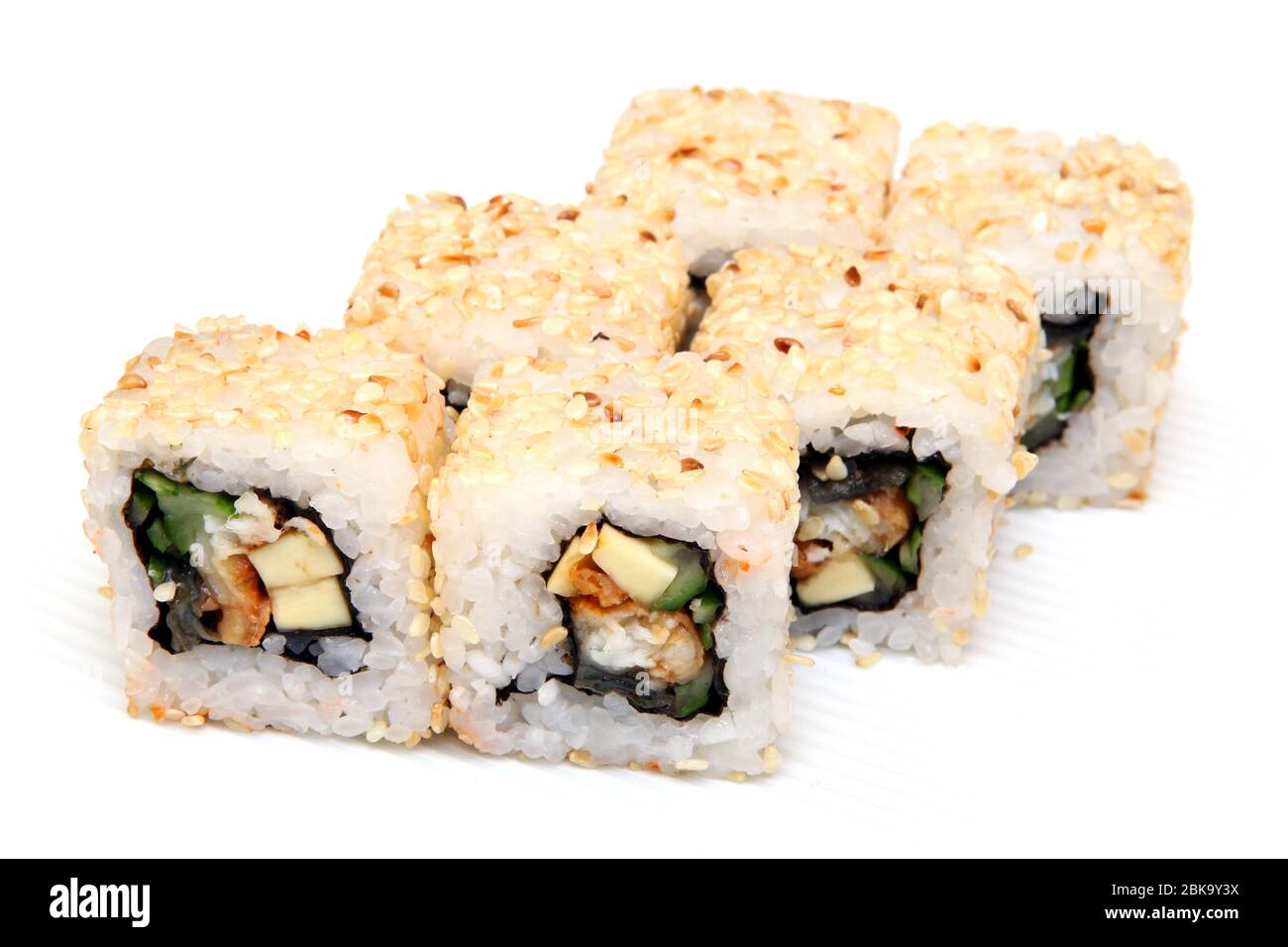 Roll California in sesame. Sushi with crab, eel, cucumber. Japanese ...