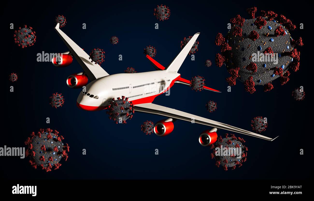 Coronavirus or covid-19 virus cells with airplane in flight 3D ...