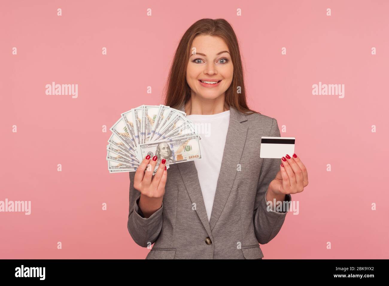 Loan, cash deposits. Portrait of happy smiling elegant businesswoman in ...