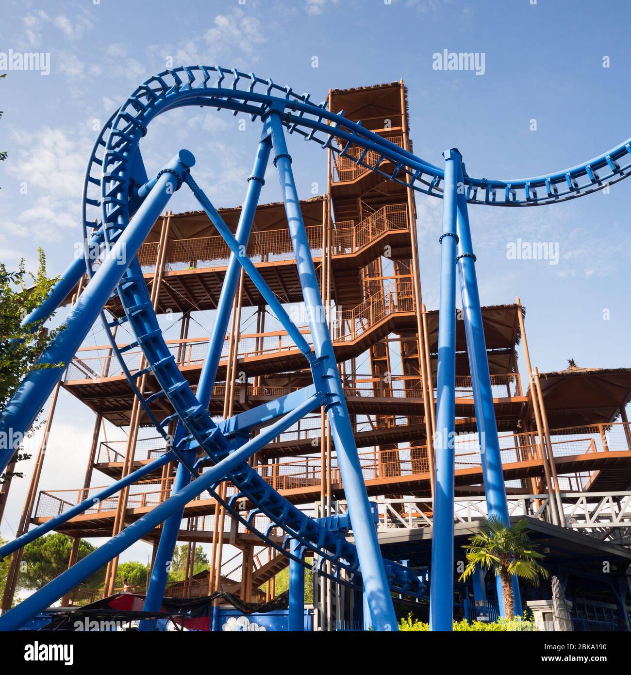 Detail of the suspended roller coaster rails in an amusement park Stock ...