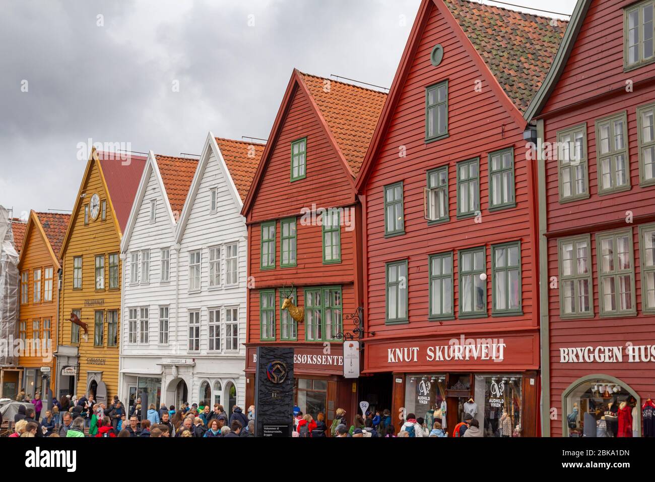 Colorful wooden houses on Bryggen, traditional architecture in the city of Bergen and UNESCO ...