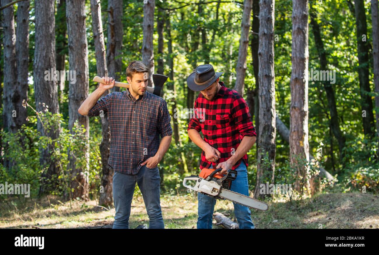 Best way to relax. man forester use saw and axe. search firewood for ...