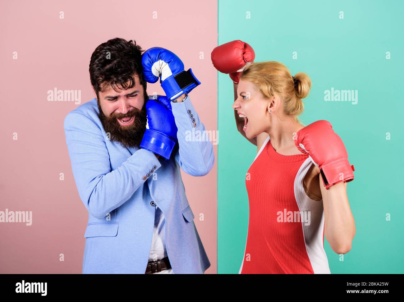Couple in love competing boxing. Conflict concept. Family life ...