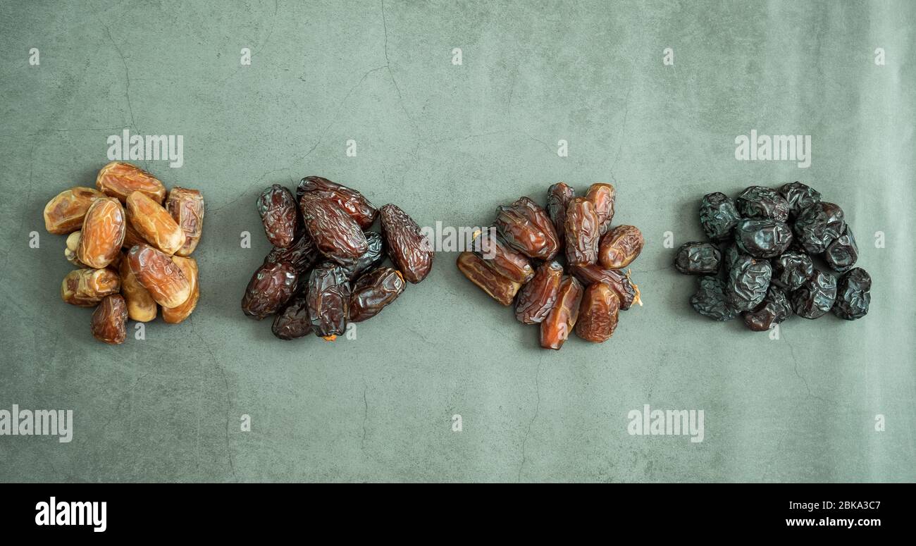Different kind of raw date fruit ready to eat on concrete background ...