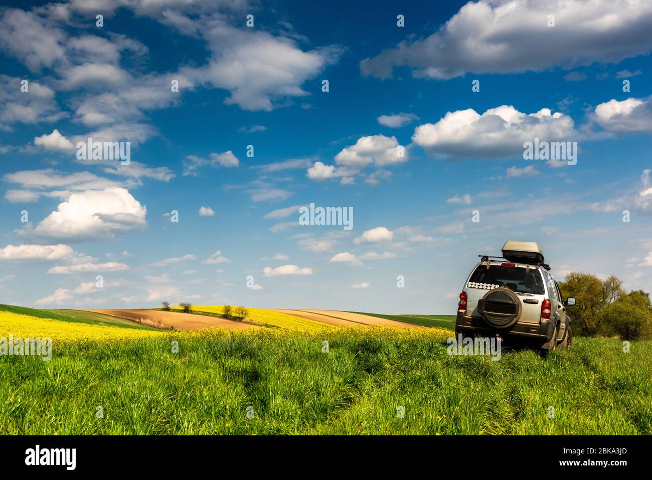 Car Adventure in Countryside. Colorful Fields and 4x4 Car. Road Trip ...