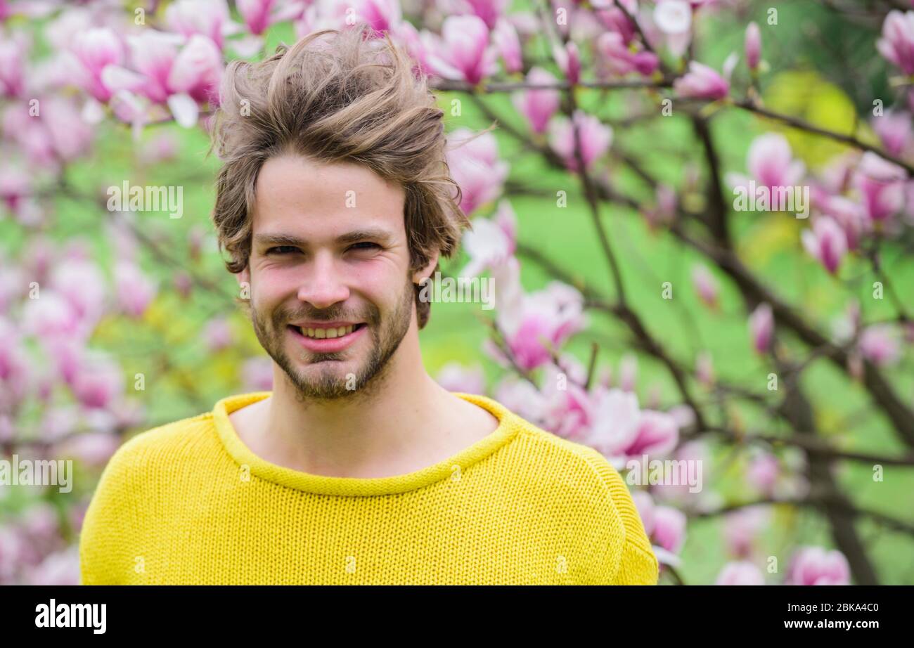 Spring season. Botany and nature. Happy spring concept. Hipster enjoy ...