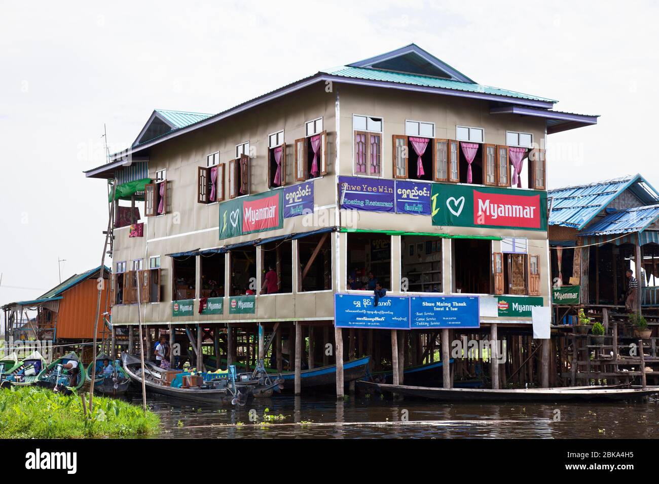 Restaurant on stilts, Maing Thauk village, Inle lake, state of Shan ...