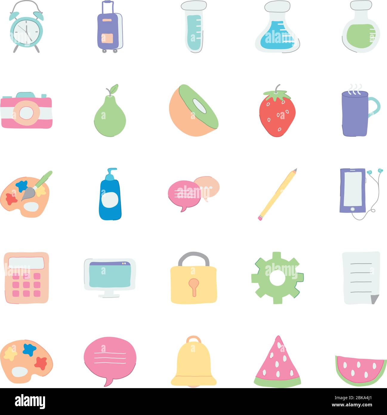 padlock and cute stuffs icon set over white background, flat style ...
