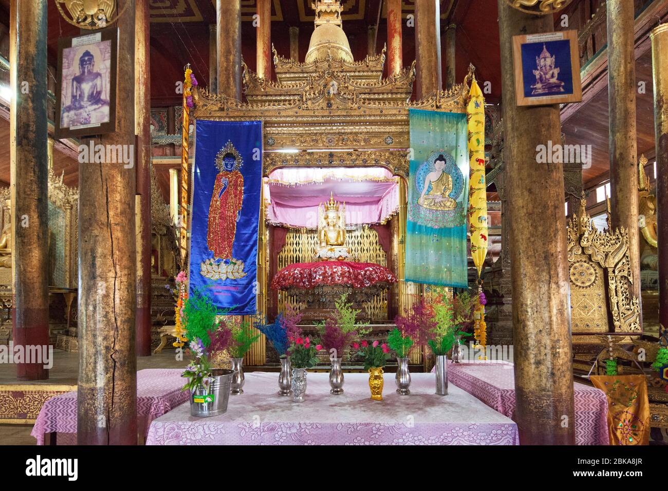 Interior of the Nga Hpe Kyaung monastery, Inle lake, state of Shan ...