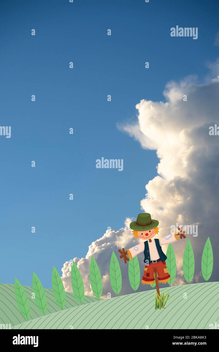 Scarecrow in countryside farmland ploughed field with cloudy sky Stock ...