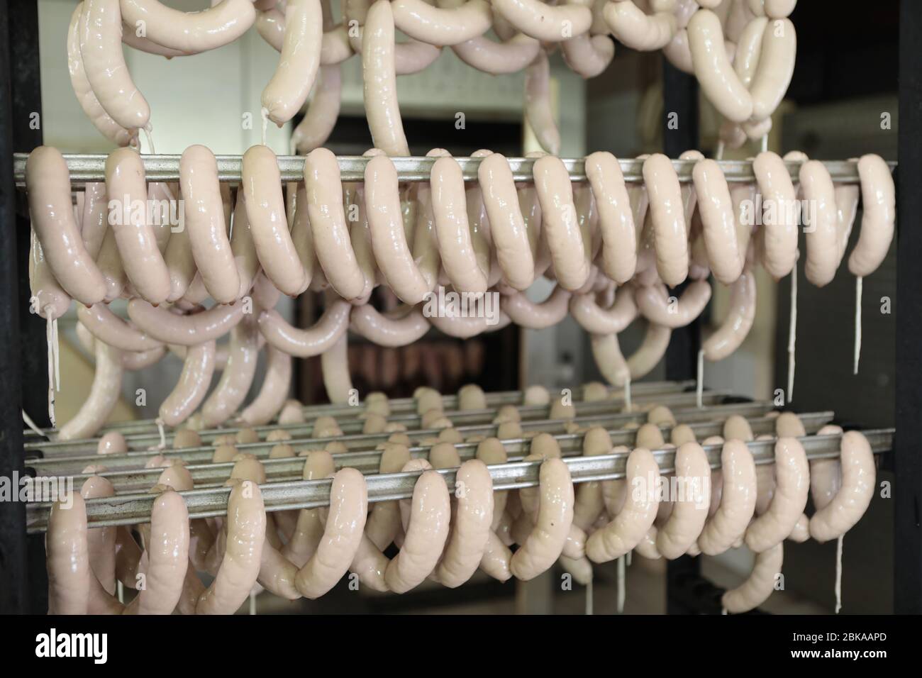 A worker at the meat processing factory, prepares sausages at the work ...
