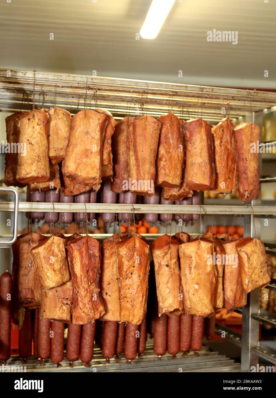 A worker at the meat processing factory, prepares sausages at the work ...
