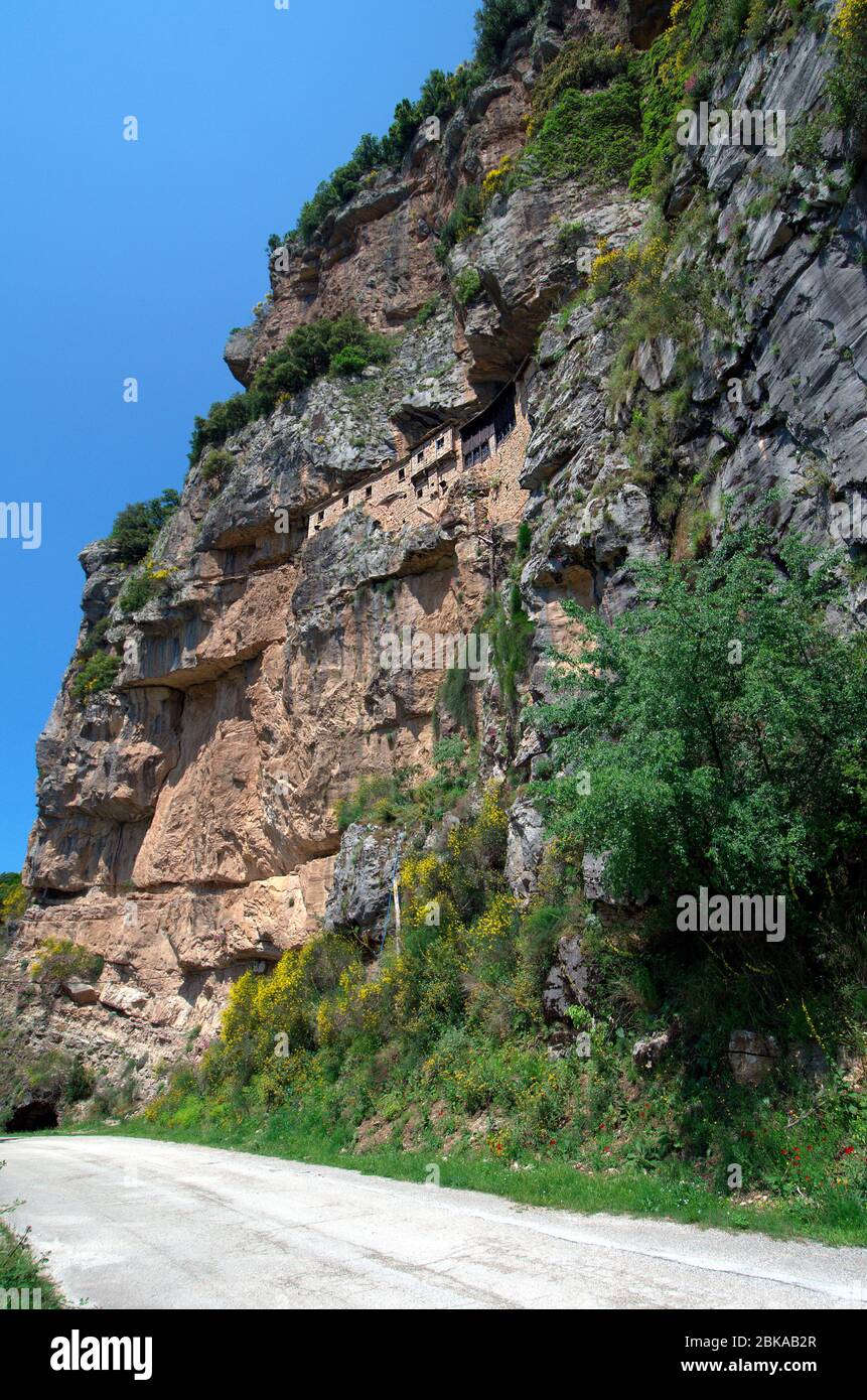 Greece, Epirus, Monastery Kipinas built in 13th Century into rock face ...