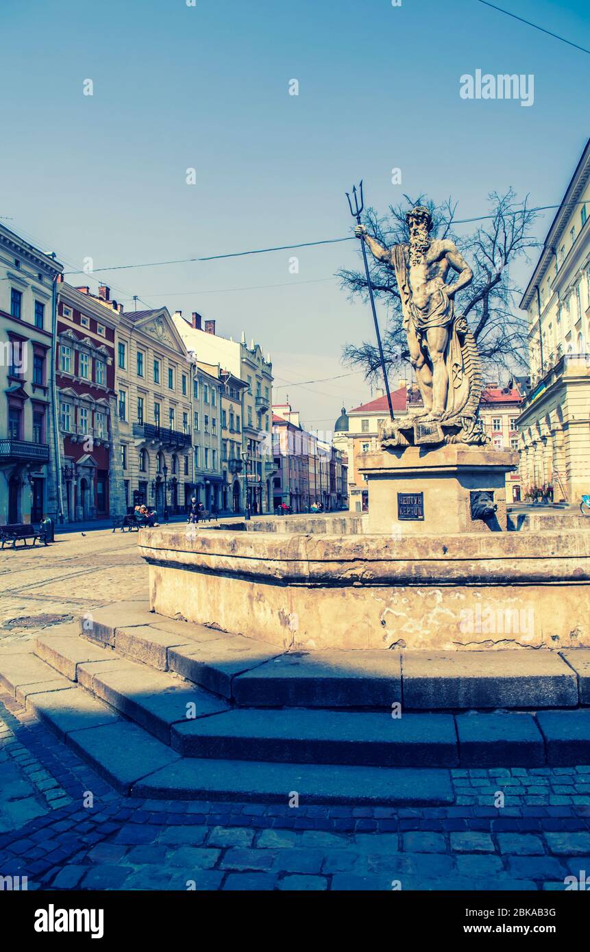 Neptune Monument in Lviv. Central Market Square in Lviv. Historic ...