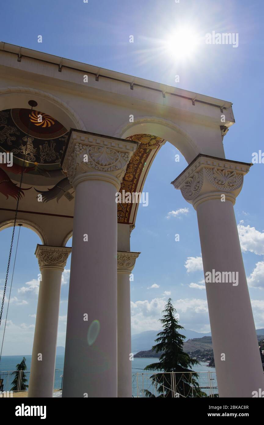 The colums of the historical buildings at the background of the sky ...