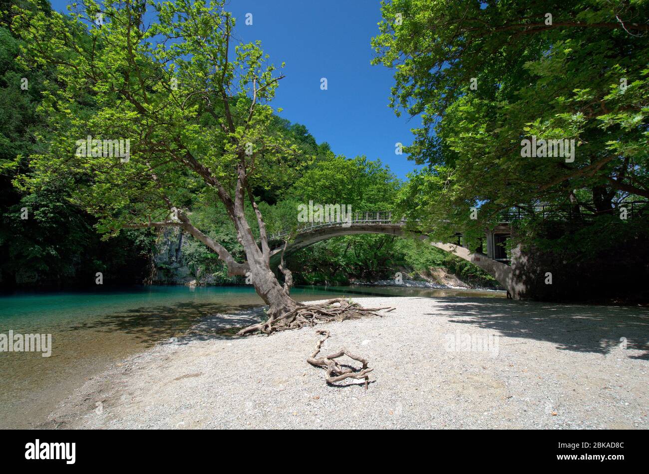 Greece, Epirus, Papingo bridge, a single lane bridge over Voidomatis ...