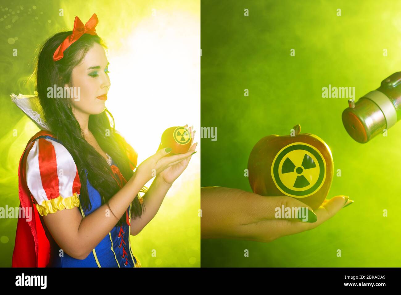 Woman dressed as Snow White holds Radioactive atomic nuclear ionizing ...