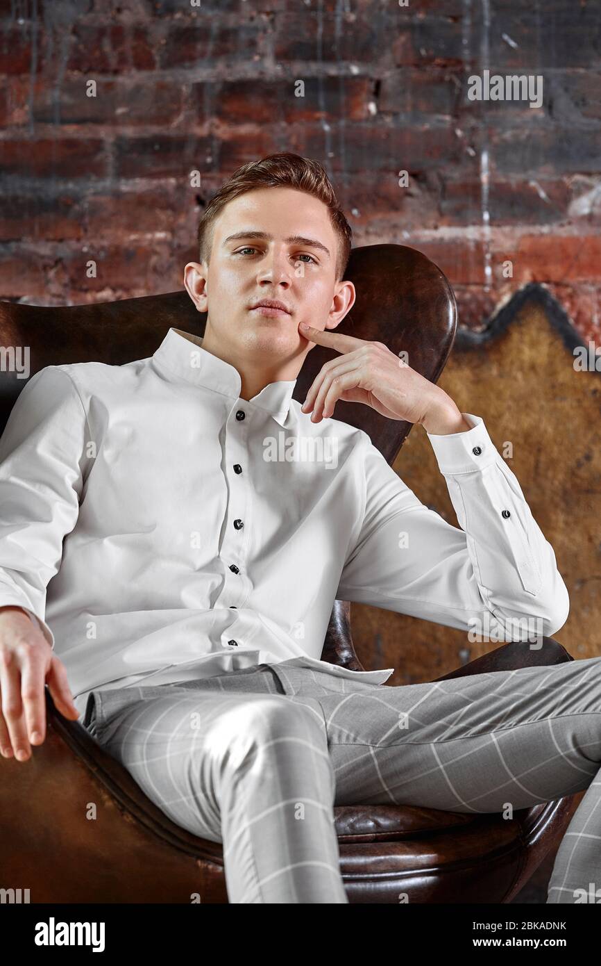 Young successful, bold and confident guy, copy space. Successful life ...