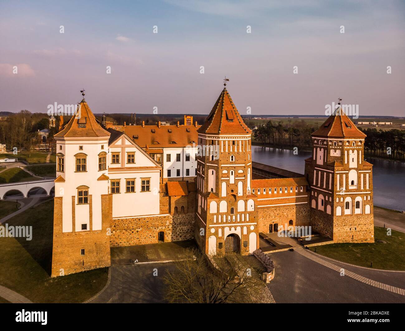 Aerial view of Medieval Mir castle complex at spring sunset. Famous ...