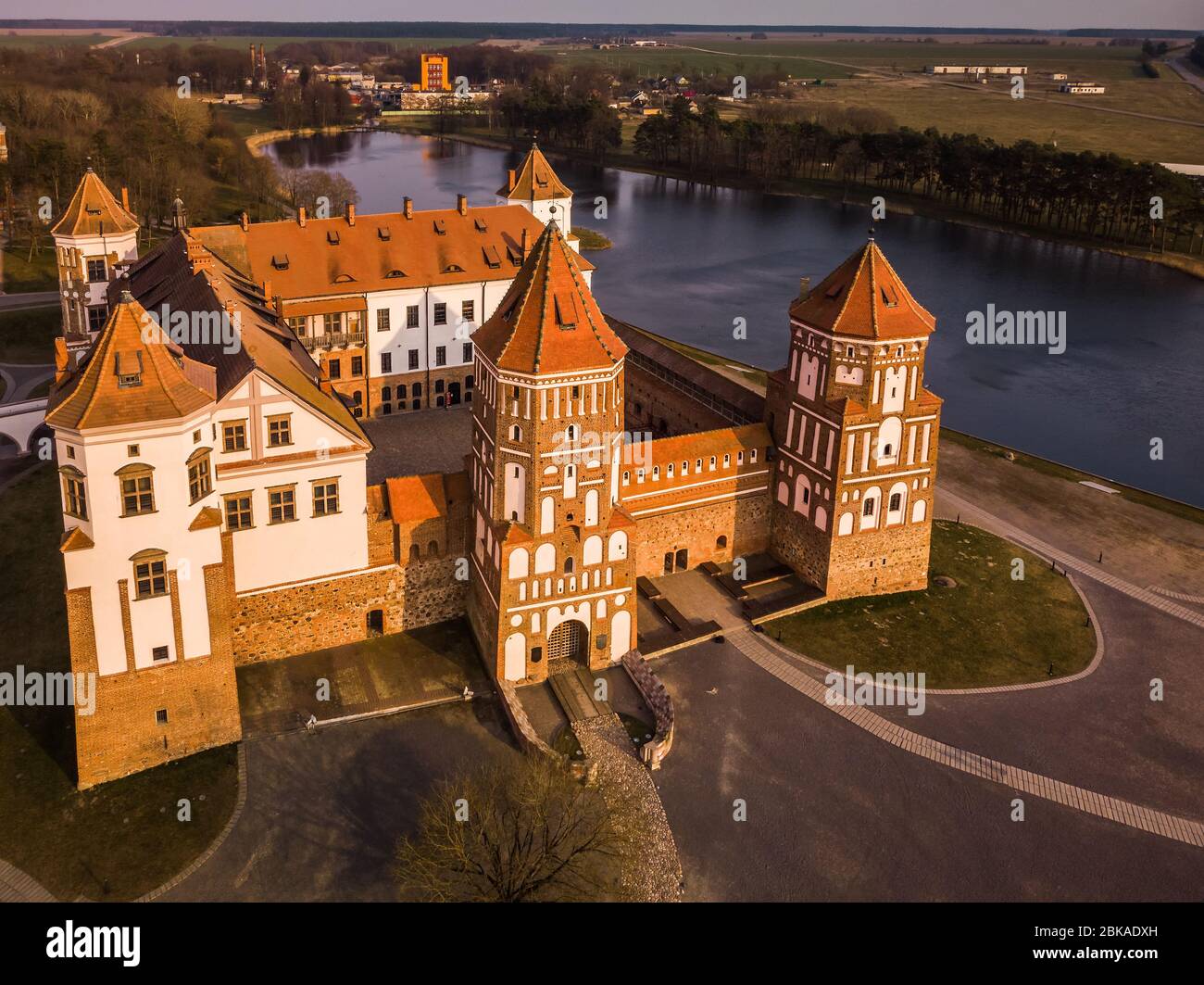 Aerial view of Medieval Mir castle complex at spring sunset. Famous ...