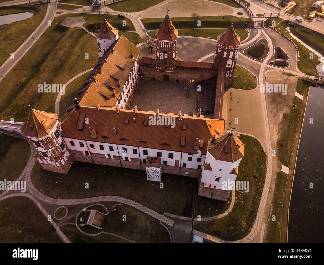 Aerial view of Medieval Mir castle complex at spring sunset. Famous ...