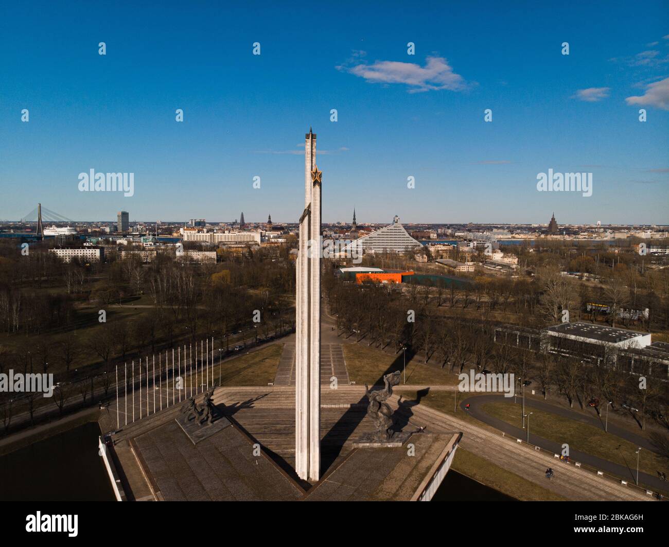 Aerial view near Victory monument on sunny day in Riga. Soviet ...